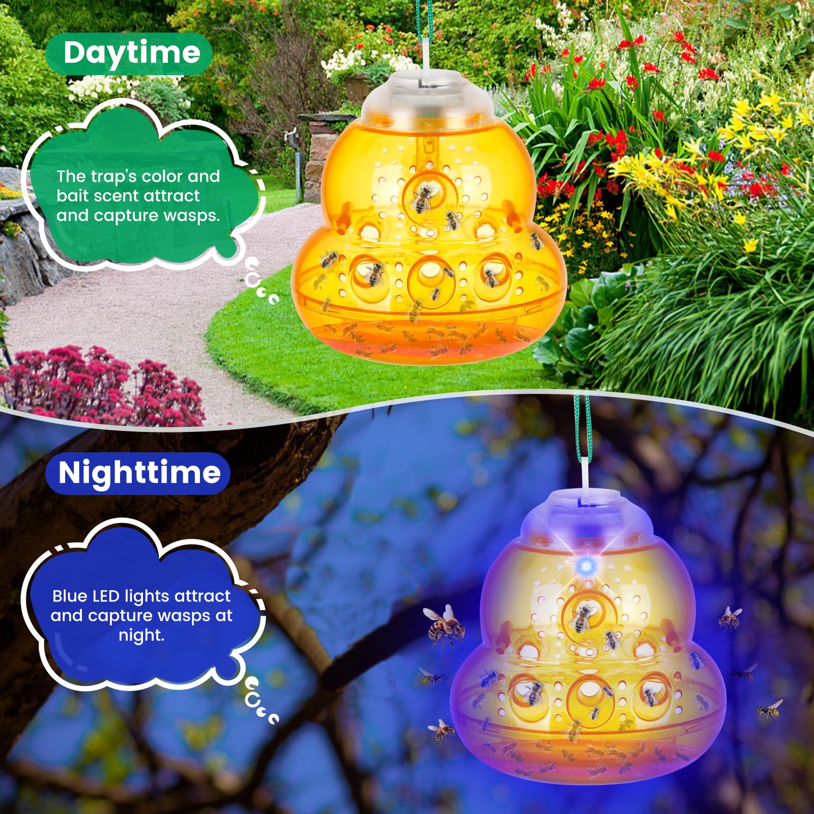 Solar Wasp Trap Outdoor Hanging, New Upgrade LED Blue Light Bee Traps Catcher, Wasp Deterrent Insect Killer, Solar Panel Non-Toxic Reusable Hornet Yellow Jacket Trap for Garden, Yard (Orange-2 Pack)