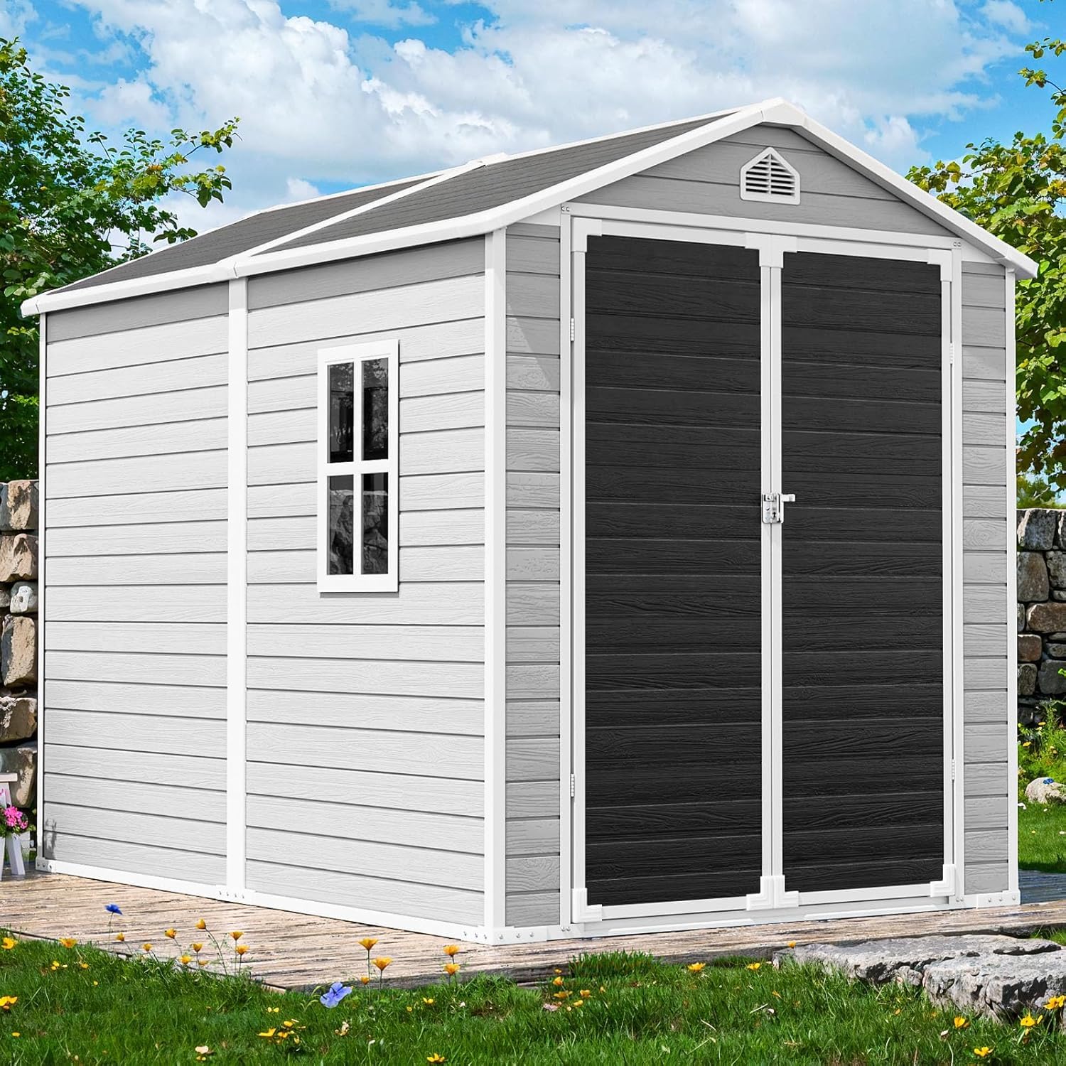 SELLERWE 8x6 FT Outdoor Storage Shed, Waterproof Thicker Resin Shed with Floor & Lockable Door & Window & Vents, Plastic Tool Shed for Backyard, Patio, Poolside, Lawn, All Weather Use, Gray