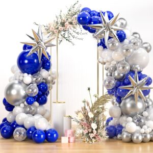 191pcs blue silver white balloons garland arch kit with 3pcs starburst foil balloons, 18 12 10 5inch royal blue silver confetti balloons for birthday graduation baby shower party decorations