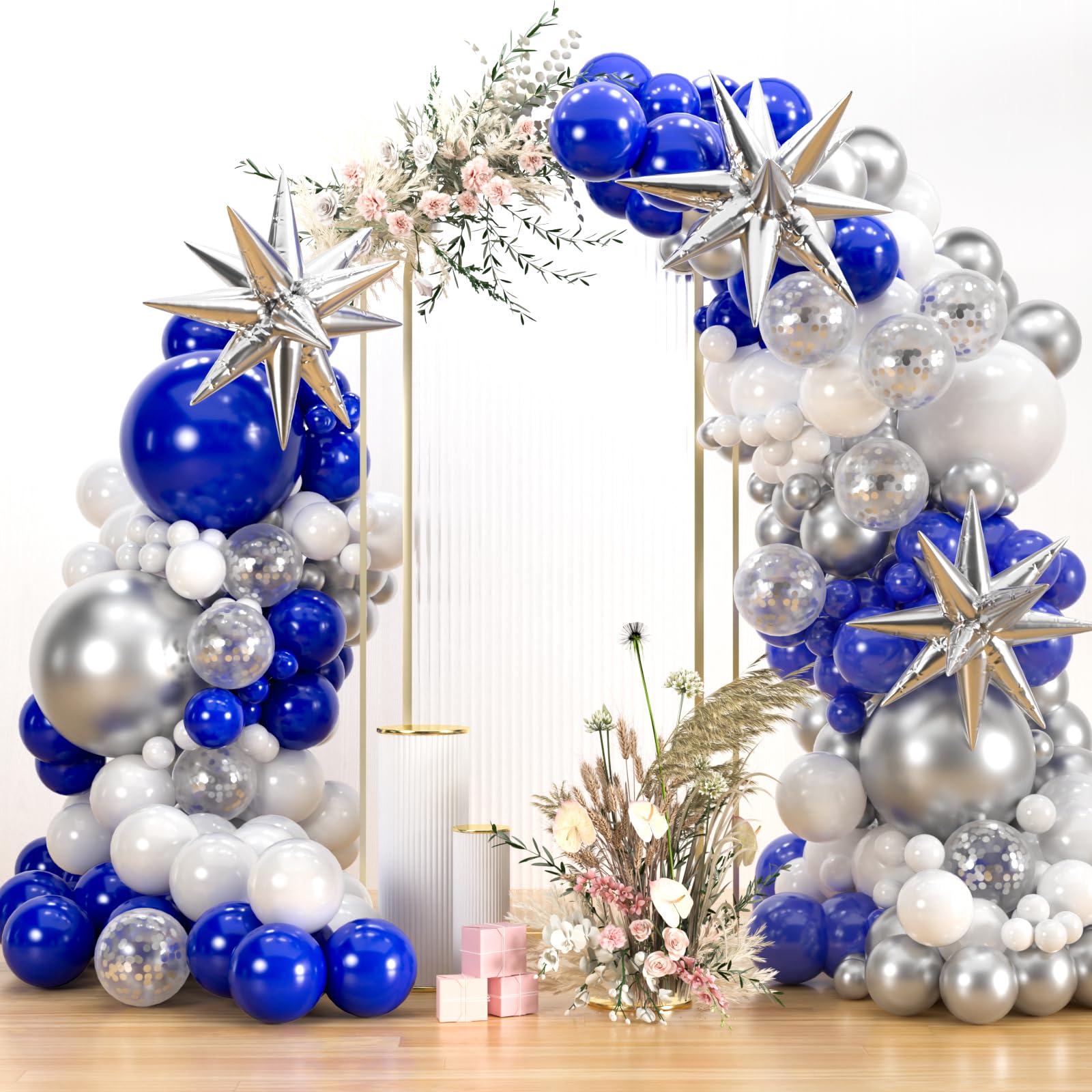 191pcs Blue Silver White Balloons Garland Arch Kit with 3pcs Starburst Foil Balloons, 18 12 10 5inch Royal Blue Silver Confetti Balloons for Birthday Graduation Baby Shower Party Decorations