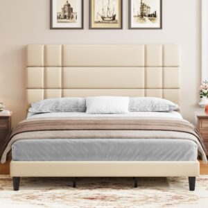 yitahome king bed frame linen fabric upholstered platform with headboard and strong wooden slats, non-slip and noise-free,no box spring needed, easy assembly,beige