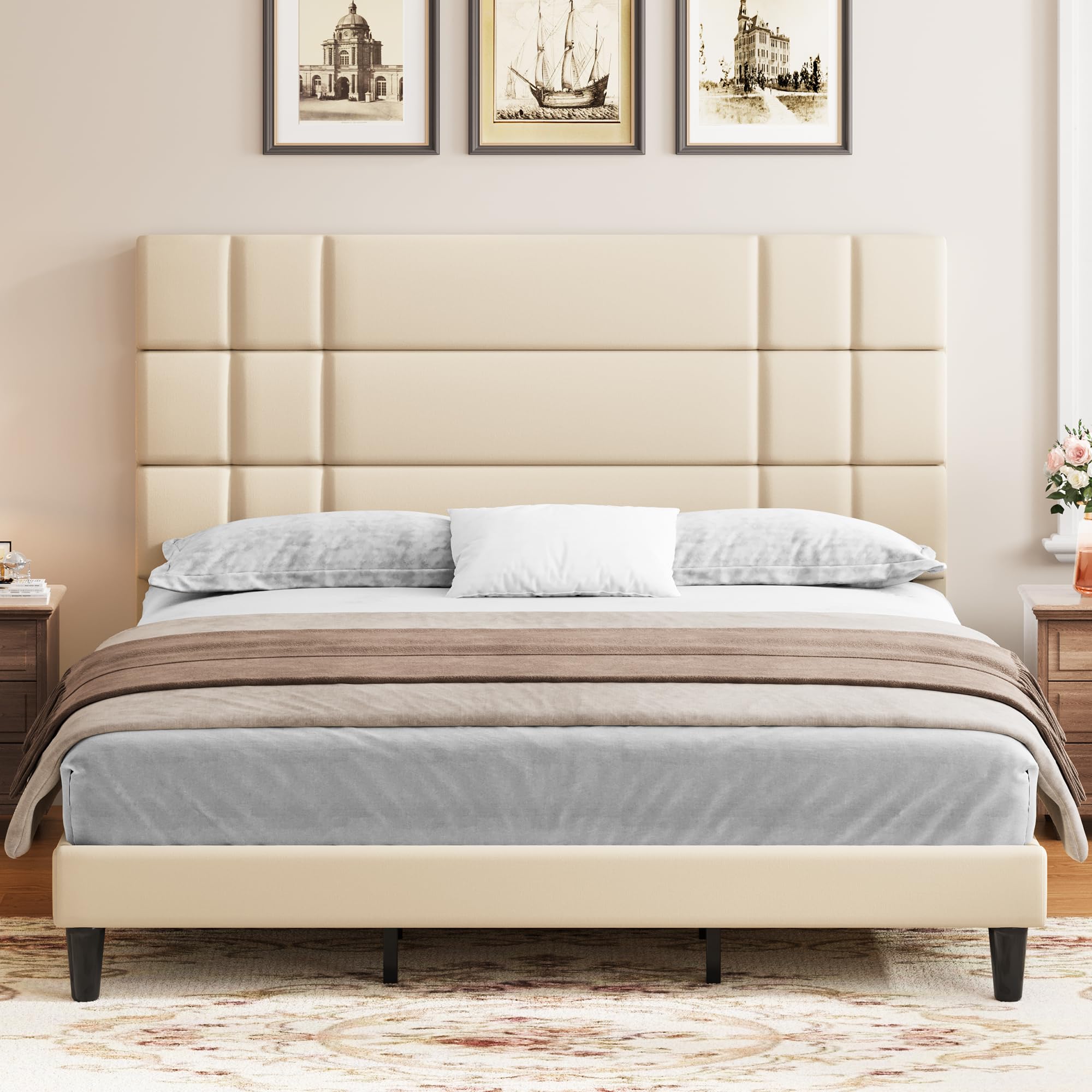 YITAHOME King Bed Frame Linen Fabric Upholstered Platform with Headboard and Strong Wooden Slats, Non-Slip and Noise-Free,No Box Spring Needed, Easy Assembly,Beige