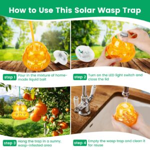 Solar Wasp Trap Outdoor Hanging, New Upgrade LED Blue Light Bee Traps Catcher, Wasp Deterrent Insect Killer, Solar Panel Non-Toxic Reusable Hornet Yellow Jacket Trap for Garden, Yard (Orange-2 Pack)