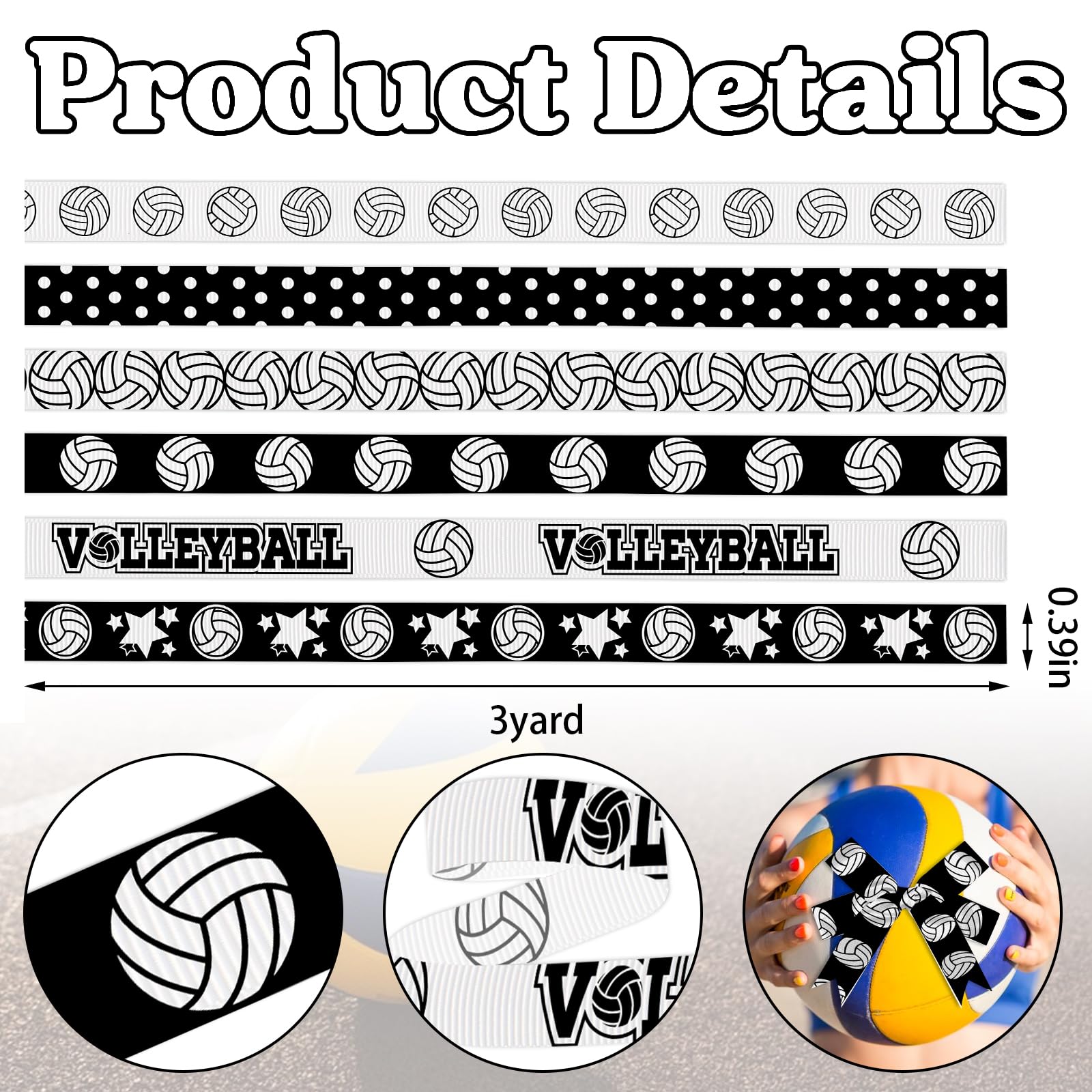 Threetols 6 Rolls 18 Yards Volleyball Ribbons, 3/8" Black White Dot Grosgrain Ribbons Sport Star Ball Ribbons Wrapping Craft Ribbons for Sport Team Decoration and Theme Party Decorations