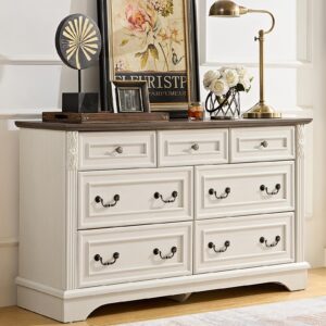 blankspace rustic white dresser for bedroom,7 drawers dresser, farmhouse dresser for living room,7 chest of drawers with thickened wood carving for closet,hallway