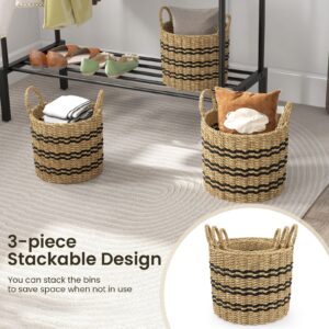 Giantex Woven Laundry Basket - Set of 3 Stackable Laundry Hamper with Handles, 1 Large, 1 Medium & 1 Small Storage Baskets, Seagrass Jute Woven Baskets for Throw Blanket Clothes (14", 12.5" & 11" D)