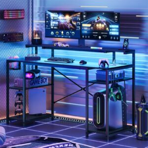 bestier 55 inch gaming desk with power outlets & led lights, computer desk with monitor stand & adjustable shelves, home office desk with cup holder & hook, black 3d carbon fiber