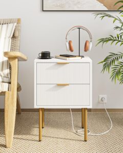 aienvey nightstand with charging station,small side table with 2 drawers, bedside furniture, white night stand, end table with gold frame for bedroom, living room, stripe