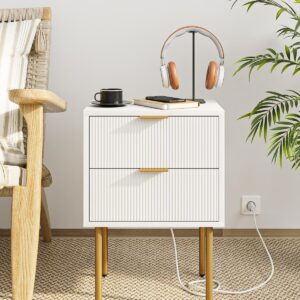 Aienvey Nightstand with Charging Station,Small Side Table with 2 Drawers, Bedside Furniture, White Night Stand, End Table with Gold Frame for Bedroom, Living Room, Stripe