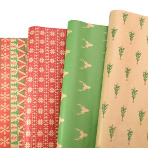 LaRibbons Kraft Christmas Wrapping Paper Set, 30 Inch X 10 Feet (4 Rolls: 100 Sq. Ft. Ttl) Snowflake, Green Tree, Deer Antlers and Gift Box Shapes Design for Xmas, Party, Holiday, Celebration