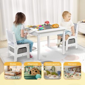 TODEFULL Kids Play Table and 2 Chair Set, 2 in 1 Wooden Activity Table w/Storage, Compatible with Lego and Duplo Bricks, Play Building Block Table Set for Reading, Drawing, Build Blocks, Grey