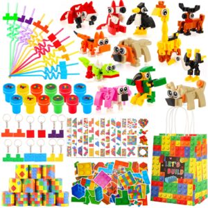 liyiq 134 pcs building blocks party favors with reusable drinking straws animal building blocks slap bracelets keychains stamps stickers and gift bags for kids gamer birthday party supplies (building)