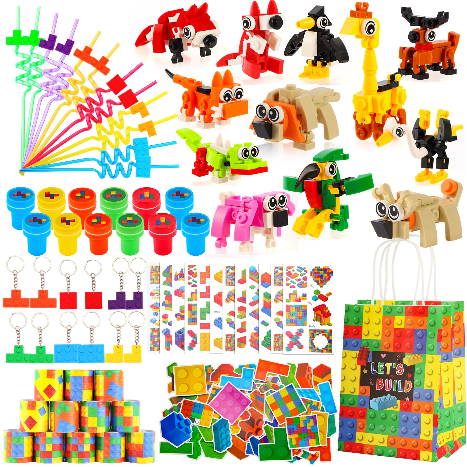 LiYiQ 134 Pcs Building Blocks Party Favors with Reusable Drinking Straws Animal Building Blocks Slap Bracelets Keychains Stamps Stickers and Gift Bags for Kids Gamer Birthday Party Supplies (Building)