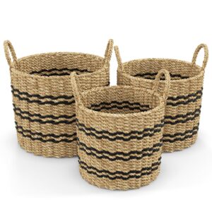 giantex woven laundry basket - set of 3 stackable laundry hamper with handles, 1 large, 1 medium & 1 small storage baskets, seagrass jute woven baskets for throw blanket clothes (14", 12.5" & 11" d)