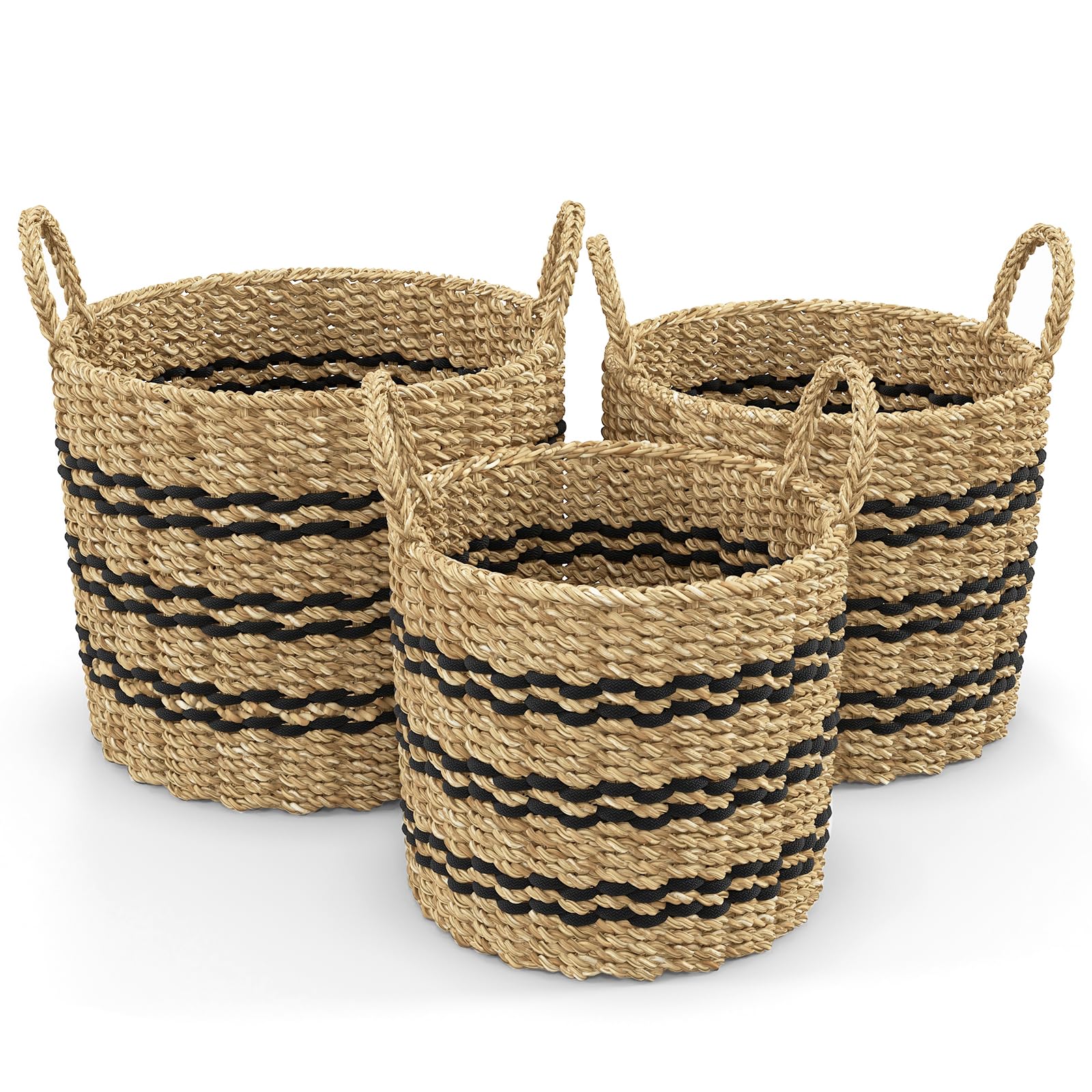 Giantex Woven Laundry Basket - Set of 3 Stackable Laundry Hamper with Handles, 1 Large, 1 Medium & 1 Small Storage Baskets, Seagrass Jute Woven Baskets for Throw Blanket Clothes (14", 12.5" & 11" D)