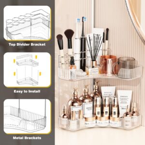 Asayuee 2-Tier Corner Bathroom Counter Organizer with Top Toothbrush Holders,Large Makeup Organizer Countertop with Brush Holder,Skincare Organizers Corner,Exquisite Vanity Organizer(Clear, 2 Tier)