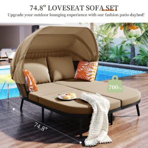 Merax 74.8" L Outdoor Daybed with Retractable Canopy Mattress Included, Patio Rattan Back Loveseat Sofa, Day Bed Throw Pillows and Cushions Set for Backyard, Poolside, Garden, Brown