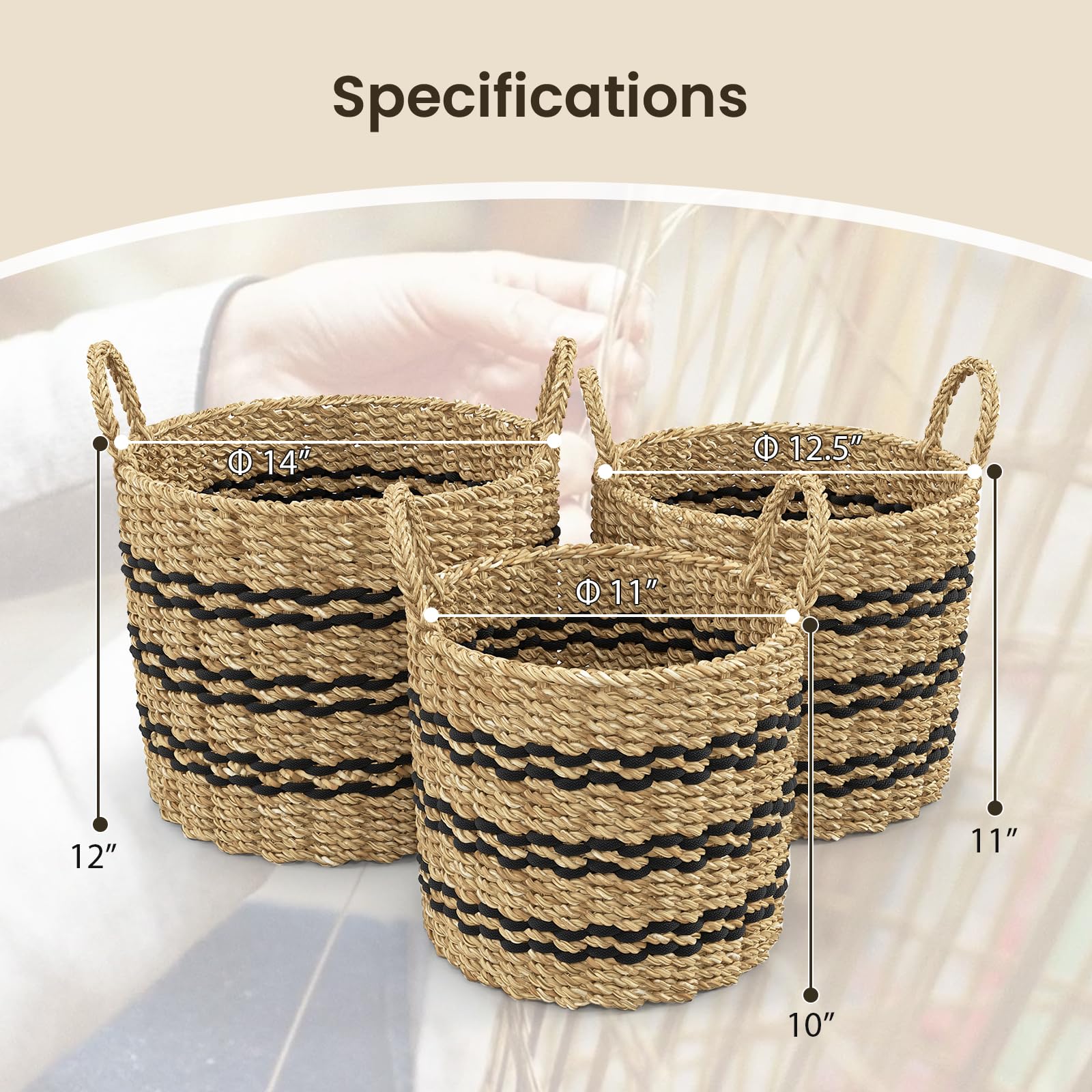 Giantex Woven Laundry Basket - Set of 3 Stackable Laundry Hamper with Handles, 1 Large, 1 Medium & 1 Small Storage Baskets, Seagrass Jute Woven Baskets for Throw Blanket Clothes (14", 12.5" & 11" D)