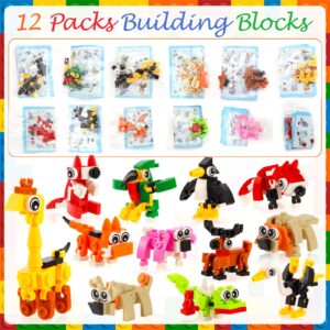 LiYiQ 134 Pcs Building Blocks Party Favors with Reusable Drinking Straws Animal Building Blocks Slap Bracelets Keychains Stamps Stickers and Gift Bags for Kids Gamer Birthday Party Supplies (Building)