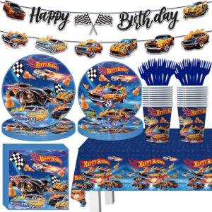 102pcs hot birthday decorations tableware racing car theme party supplies set include happy birthday banner, 9 inches plates, 7 inches plates, napkins, cups, fork and tablecloth for serve 20