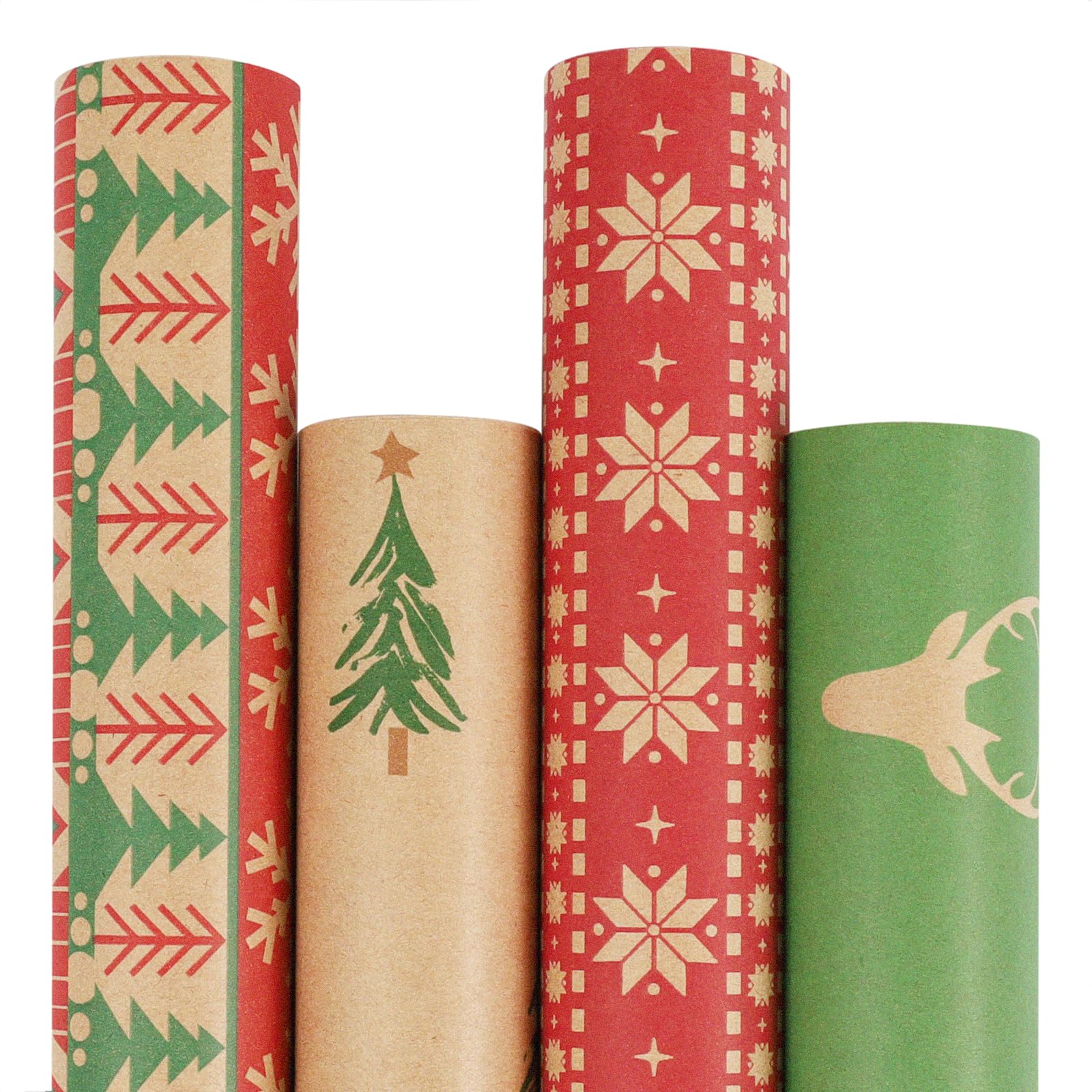 LaRibbons Kraft Christmas Wrapping Paper Set, 30 Inch X 10 Feet (4 Rolls: 100 Sq. Ft. Ttl) Snowflake, Green Tree, Deer Antlers and Gift Box Shapes Design for Xmas, Party, Holiday, Celebration