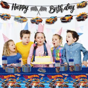 102pcs Hot Birthday Decorations Tableware Racing Car Theme Party Supplies Set Include Happy Birthday Banner, 9 Inches Plates, 7 Inches Plates, Napkins, Cups, Fork and Tablecloth for Serve 20