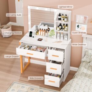 Quimoo Makeup Vanity Desk with Mirror & Lights, Vanity Desk with 4 Drawers & Power Outlet, Vanity Table with Open Storage Shelves, 3 Color Modes & Adjustable Brightness Dressing Table, Bedroom