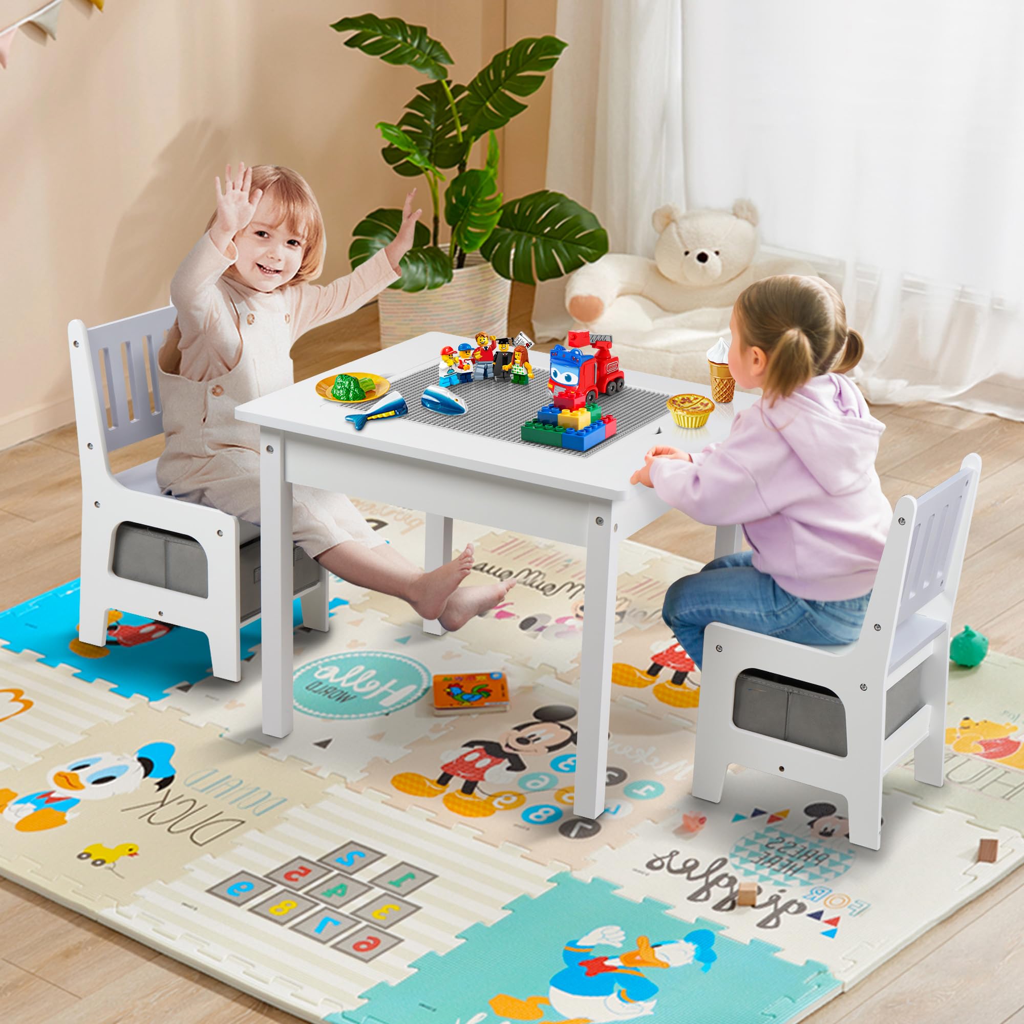 TODEFULL Kids Play Table and 2 Chair Set, 2 in 1 Wooden Activity Table w/Storage, Compatible with Lego and Duplo Bricks, Play Building Block Table Set for Reading, Drawing, Build Blocks, Grey