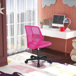 COSTWAY Height-Adjustable Ergonomic Kids Desk Chair, Swivel Armless Task Chair w/Universal Casters, Children Study Chair, Kids Mesh Computer Chair for Teens, Home, Office (Pink)