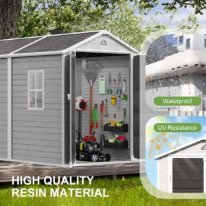 SELLERWE 8x6 FT Outdoor Storage Shed, Waterproof Thicker Resin Shed with Floor & Lockable Door & Window & Vents, Plastic Tool Shed for Backyard, Patio, Poolside, Lawn, All Weather Use, Gray