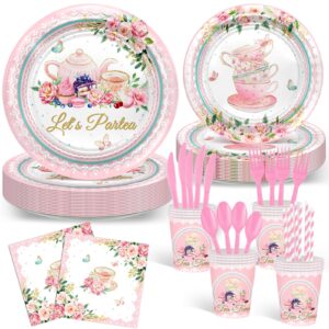 avezano 192 pcs tea party decorations tea party plates and napkins sets floral lets partea tableware tea party supplies for baby shower bridal shower wedding birthday decor serves 24 guests