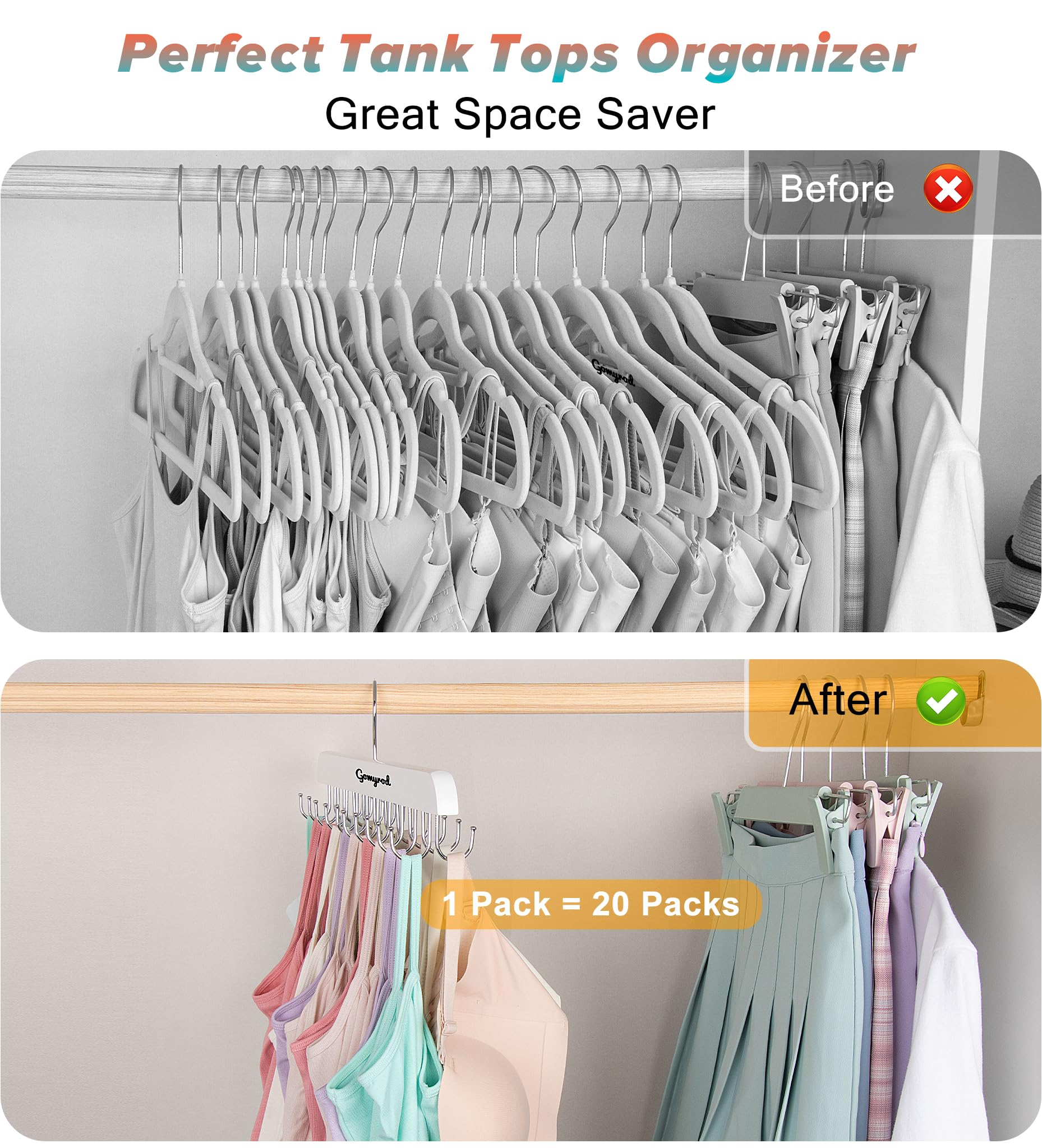 Bra Hanger for Closet, 2 Pack Tank Top Hanger w/20 Hooks Capacity Foldable Wood Space Saving Hangers, 360°Rotating Closet Organizers and Storage for Dorm & Apartment for Bra Scarf Ties(White)