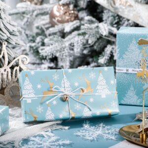 WRAPAHOLIC Christmas Wrapping Paper Roll - Blue and Silver Reindeer, Christmas Tree, Snowflake Holiday Design Printed on Pearlized Paper - 4 Rolls - 30 Inch x 120 Inch Per Roll