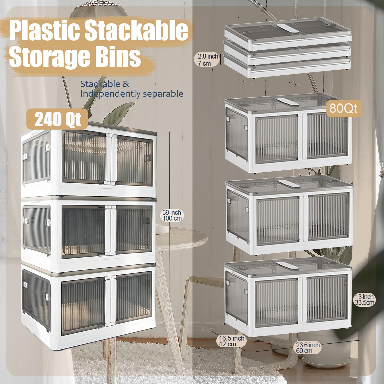 RETRONLY Stackable Storage Bins with Doors - 3 Tier 80Qt Each Plastic Collapsible Storage Bins with Wheels, Foldable Storage Cabinet for Closet Organizers(60 Gal/240 Qt)