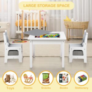 TODEFULL Kids Play Table and 2 Chair Set, 2 in 1 Wooden Activity Table w/Storage, Compatible with Lego and Duplo Bricks, Play Building Block Table Set for Reading, Drawing, Build Blocks, Grey