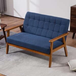 Dolonm Mid Century Modern Loveseat, Small Loveseat Sofa with Wood Frame, Linen Loveseat for Small Space, Settee Loveseat Bench for Bedroom, Button Tufted Oversized Living Room Armchair, Navy