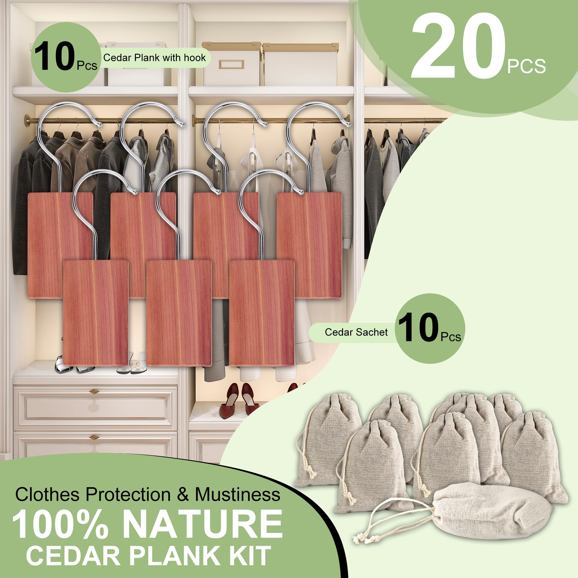 Cedar Hang Ups for Clothes Storage with Cedar Sachets - 20 Pcs 100% Natural Cedar Scent Protects Clothes&Cedar Freshener - for Storage Shelves, Cupboards...