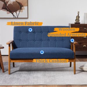 Dolonm Mid Century Modern Loveseat, Small Loveseat Sofa with Wood Frame, Linen Loveseat for Small Space, Settee Loveseat Bench for Bedroom, Button Tufted Oversized Living Room Armchair, Navy