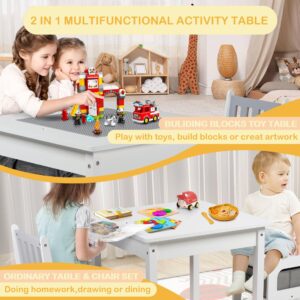 TODEFULL Kids Play Table and 2 Chair Set, 2 in 1 Wooden Activity Table w/Storage, Compatible with Lego and Duplo Bricks, Play Building Block Table Set for Reading, Drawing, Build Blocks, Grey