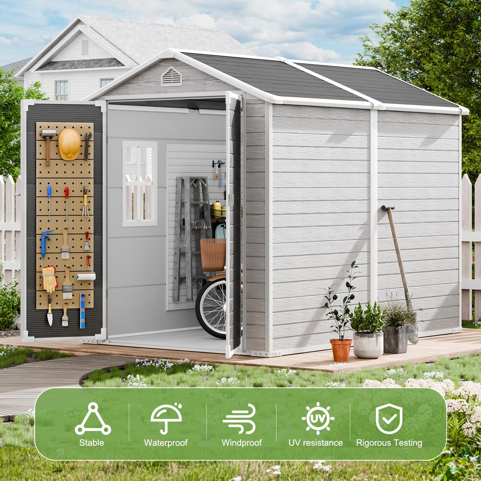 SELLERWE 8x6 FT Outdoor Storage Shed, Waterproof Thicker Resin Shed with Floor & Lockable Door & Window & Vents, Plastic Tool Shed for Backyard, Patio, Poolside, Lawn, All Weather Use, Gray