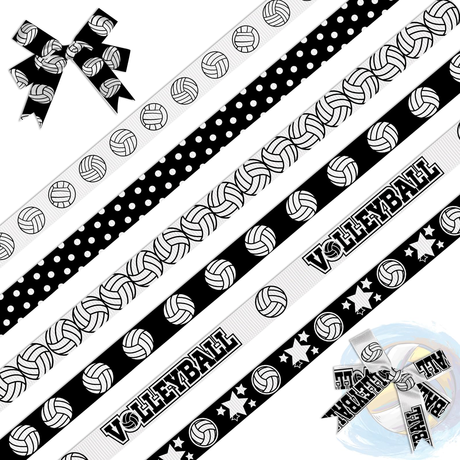 Threetols 6 Rolls 18 Yards Volleyball Ribbons, 3/8" Black White Dot Grosgrain Ribbons Sport Star Ball Ribbons Wrapping Craft Ribbons for Sport Team Decoration and Theme Party Decorations