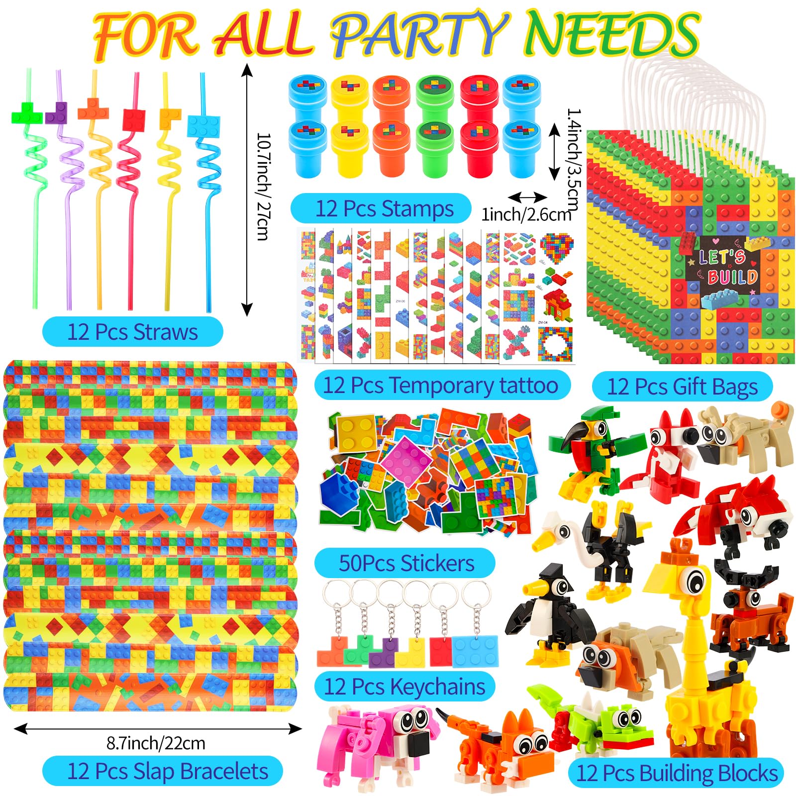 LiYiQ 134 Pcs Building Blocks Party Favors with Reusable Drinking Straws Animal Building Blocks Slap Bracelets Keychains Stamps Stickers and Gift Bags for Kids Gamer Birthday Party Supplies (Building)