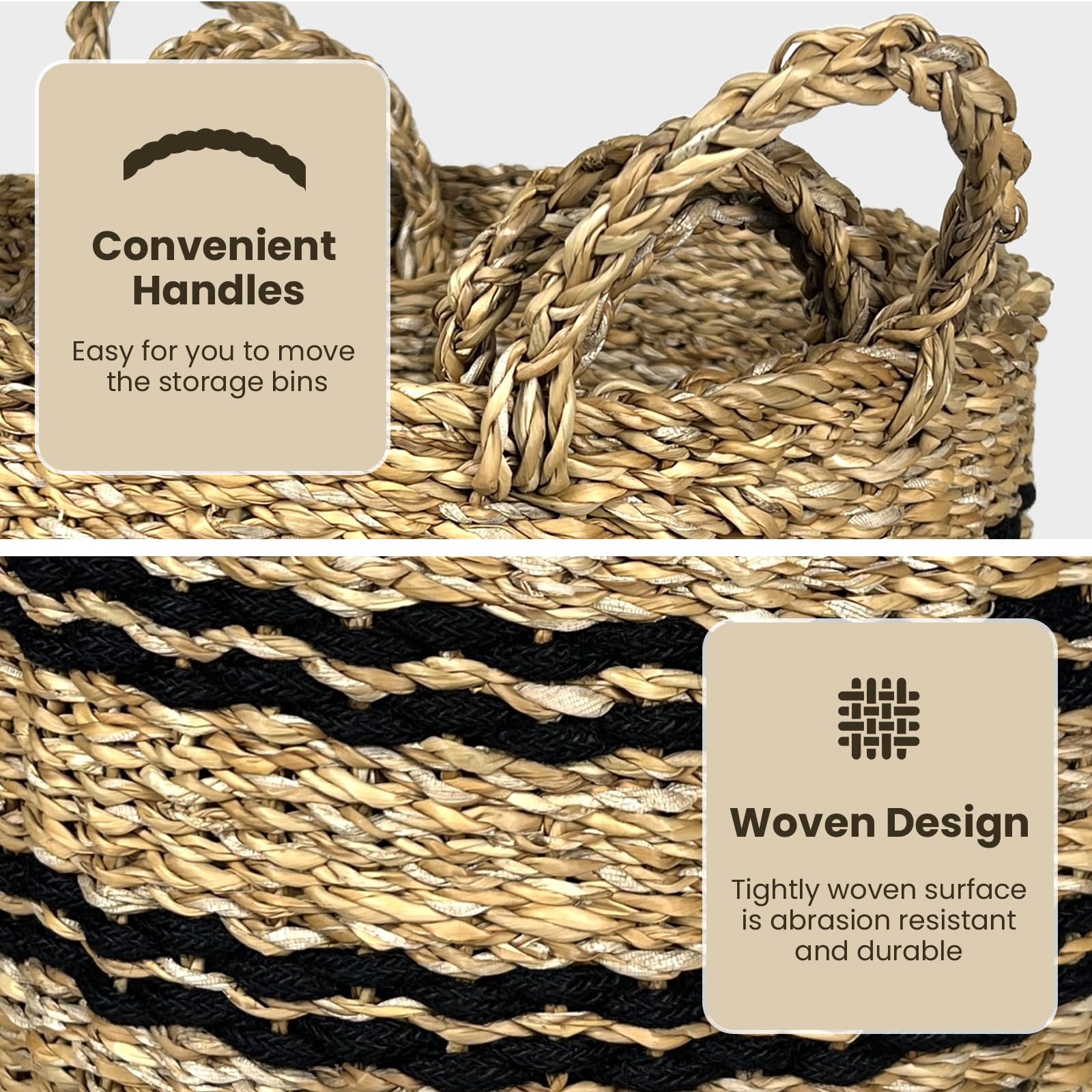 Giantex Woven Laundry Basket - Set of 3 Stackable Laundry Hamper with Handles, 1 Large, 1 Medium & 1 Small Storage Baskets, Seagrass Jute Woven Baskets for Throw Blanket Clothes (14", 12.5" & 11" D)