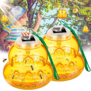 solar wasp trap outdoor hanging, new upgrade led blue light bee traps catcher, wasp deterrent insect killer, solar panel non-toxic reusable hornet yellow jacket trap for garden, yard (orange-2 pack)