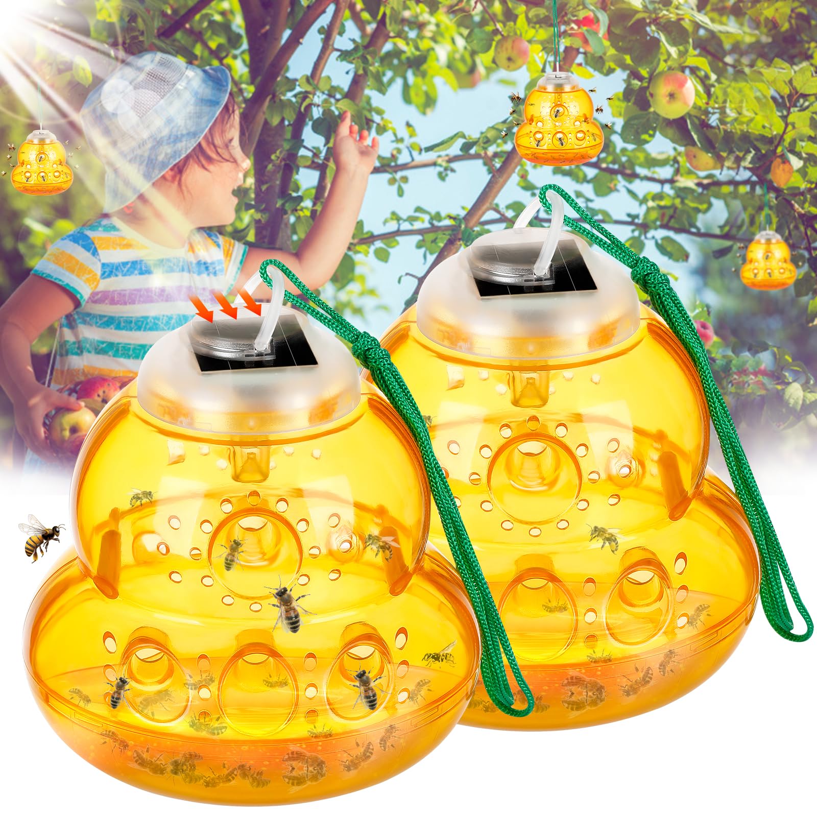 Solar Wasp Trap Outdoor Hanging, New Upgrade LED Blue Light Bee Traps Catcher, Wasp Deterrent Insect Killer, Solar Panel Non-Toxic Reusable Hornet Yellow Jacket Trap for Garden, Yard (Orange-2 Pack)