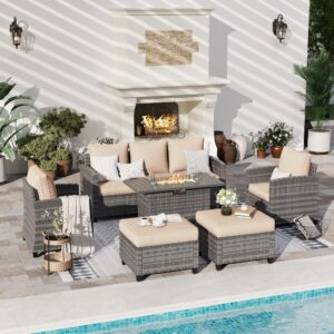 VONZOY 6 Pieces Patio Furniture Set with 44" Gas Fire Pit Table, Outdoor Sectional Conversation Sets, All-Weather Wicker Rattan Sofa w/Gas Fire Pit, Ottoman, Thick Cushion Khaki