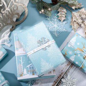 WRAPAHOLIC Christmas Wrapping Paper Roll - Blue and Silver Reindeer, Christmas Tree, Snowflake Holiday Design Printed on Pearlized Paper - 4 Rolls - 30 Inch x 120 Inch Per Roll