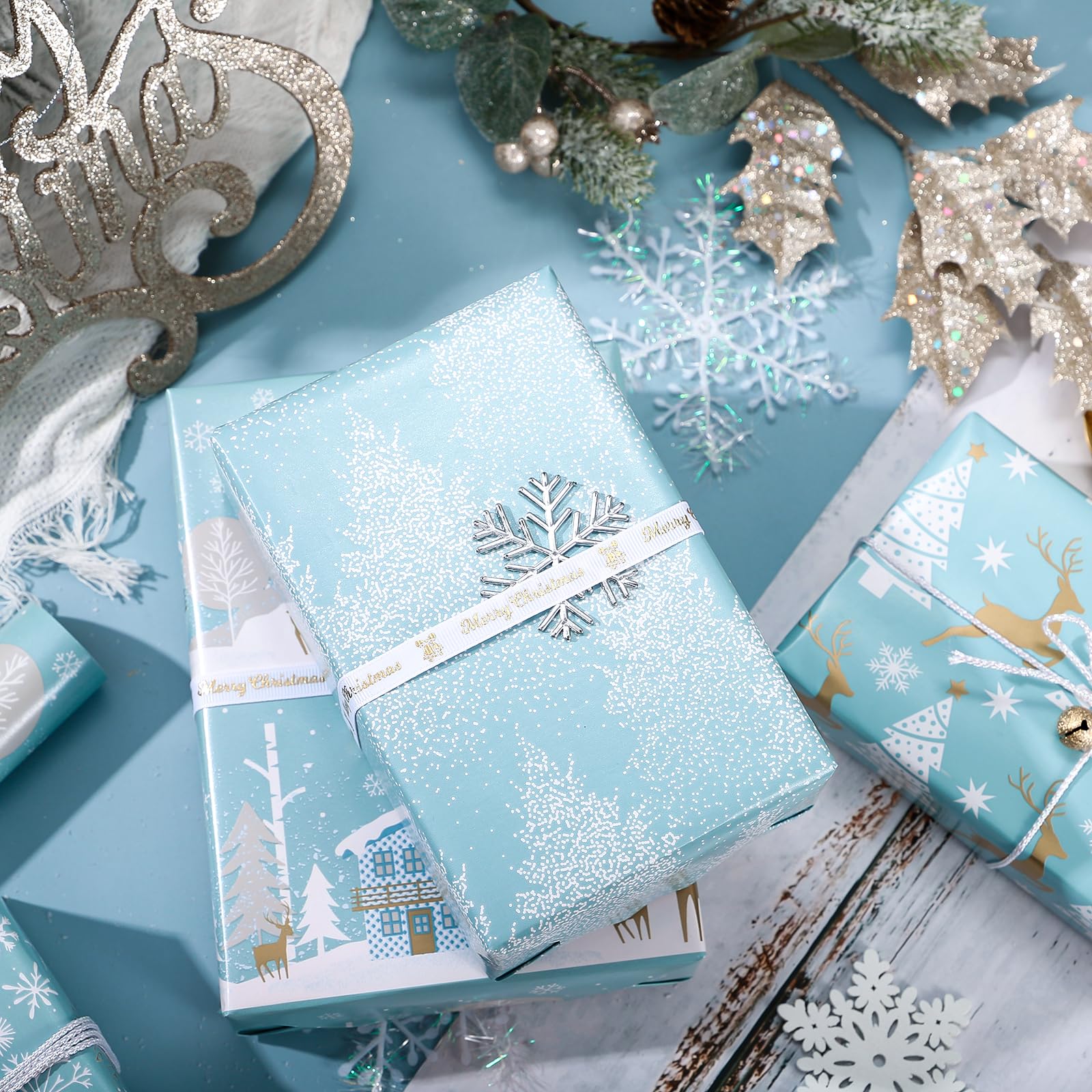 WRAPAHOLIC Christmas Wrapping Paper Roll - Blue and Silver Reindeer, Christmas Tree, Snowflake Holiday Design Printed on Pearlized Paper - 4 Rolls - 30 Inch x 120 Inch Per Roll