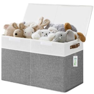 bagnizer large toy storage box with lids, collapsible sturdy baby storage organizer chest bin basket for kids, boys, girls, playroom, nursery, bedroom, closet 25"x13"x16" (gray and white)