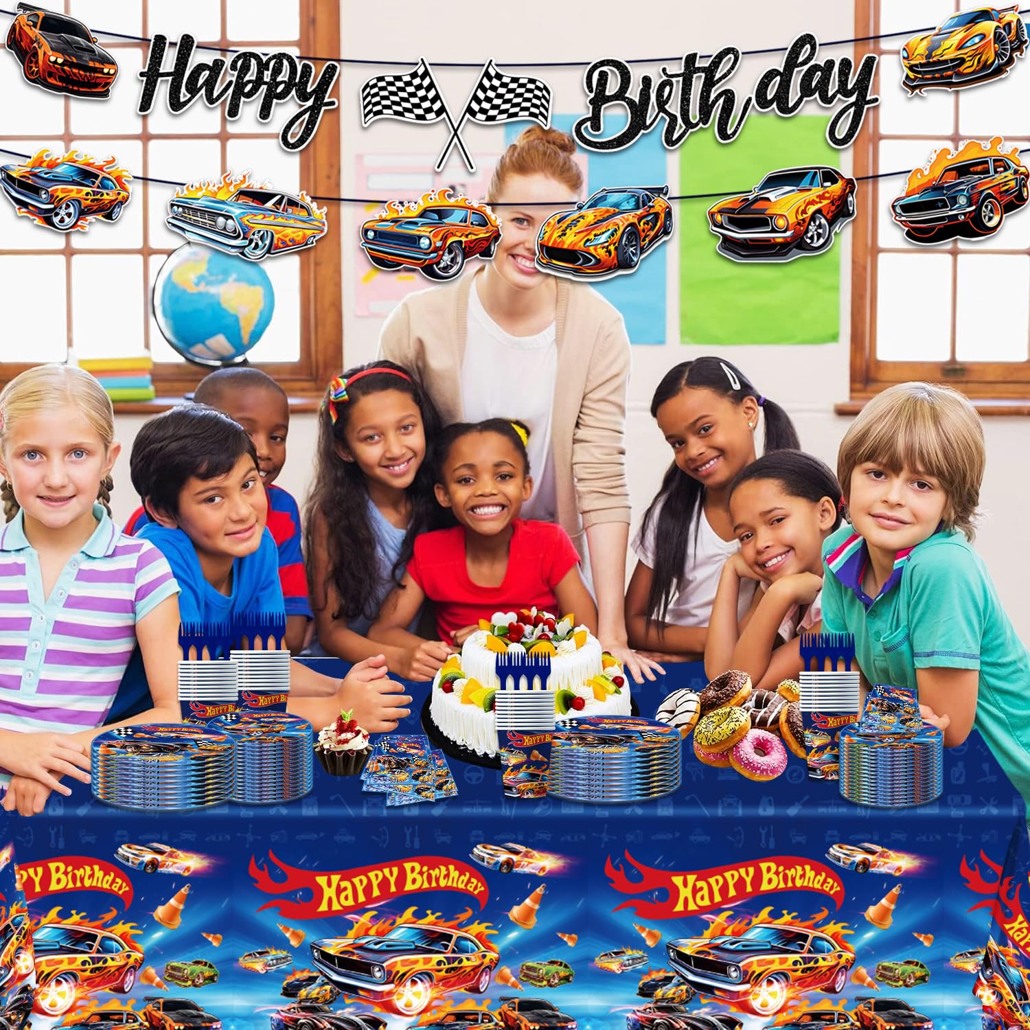 102pcs Hot Birthday Decorations Tableware Racing Car Theme Party Supplies Set Include Happy Birthday Banner, 9 Inches Plates, 7 Inches Plates, Napkins, Cups, Fork and Tablecloth for Serve 20